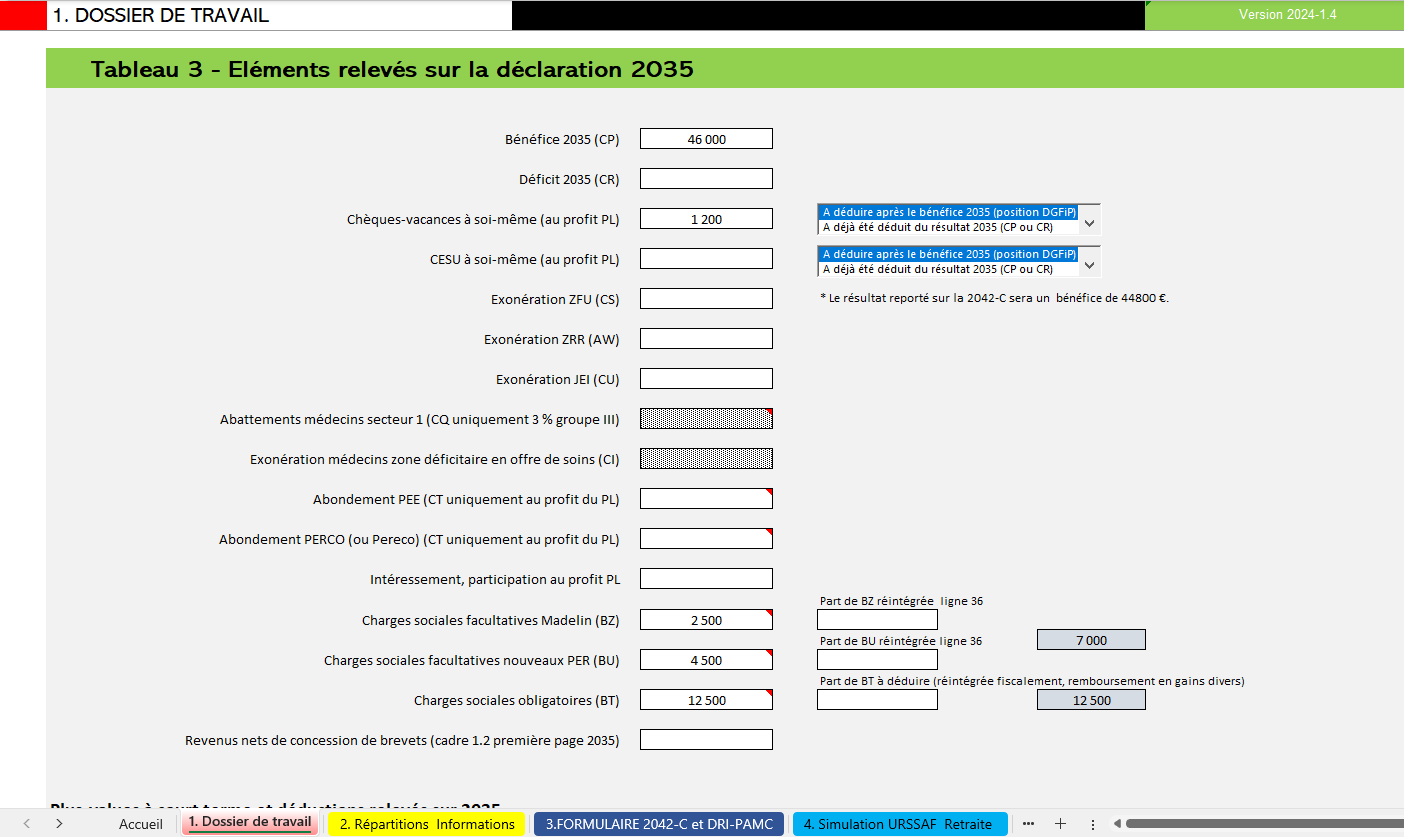 Assistant pour remplir la déclaration 2042, la DRI-PAMC et estimer l'assiette des cotisations ...